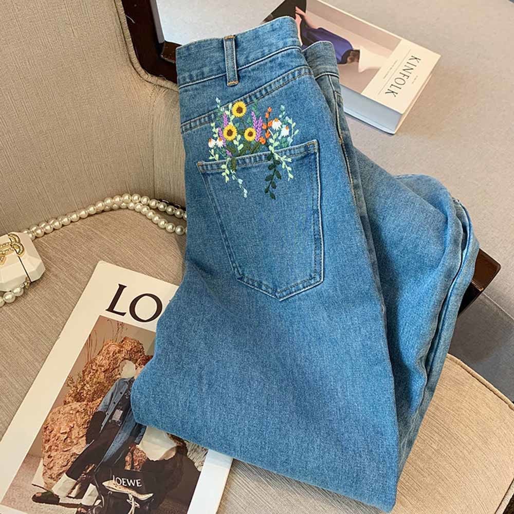 New Fashion Women Denim Pants Straight Long Jeans Pants 3d Flowers