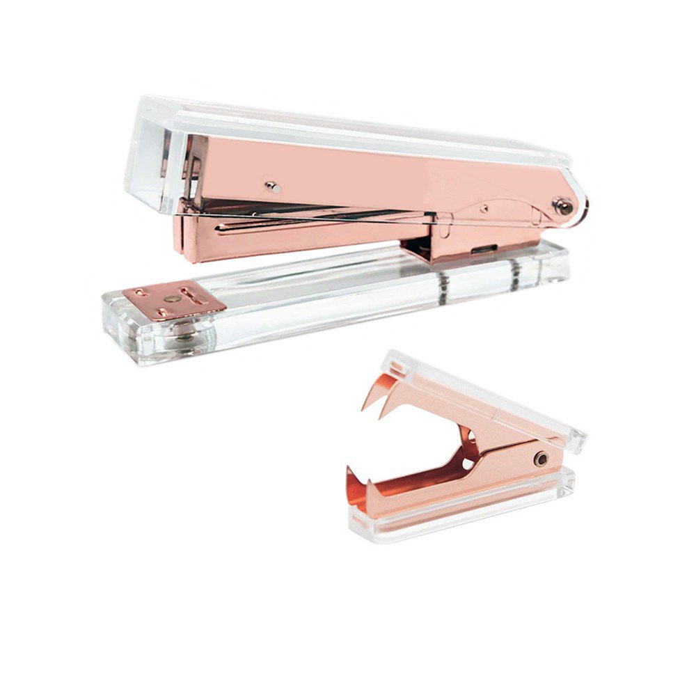 Office Stapler Staples Remover Set, Clear Acrylic Rose Gold Tone Desk ...