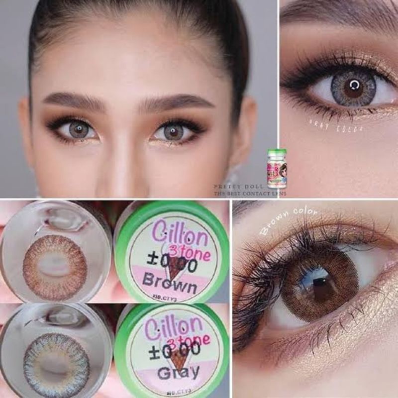 คอนแทคเลนส์ Mini Cillon 3 Tone สีเทาตาล graybrown มีค่าสายตา (0.00)-(-5 ...