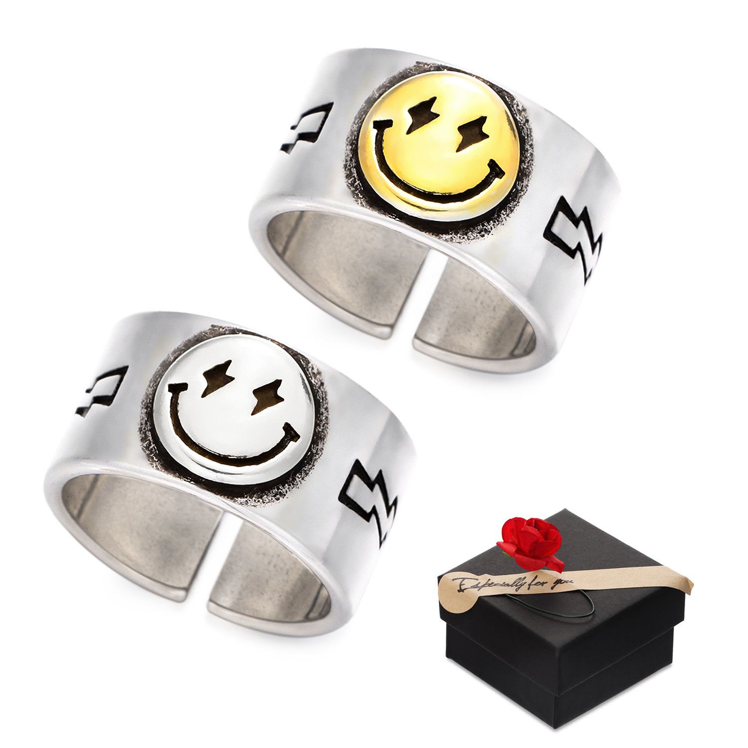 ROSE 1/2PCS Girl Smiling Face Rings Silver color Jewelry Smiley Face ...