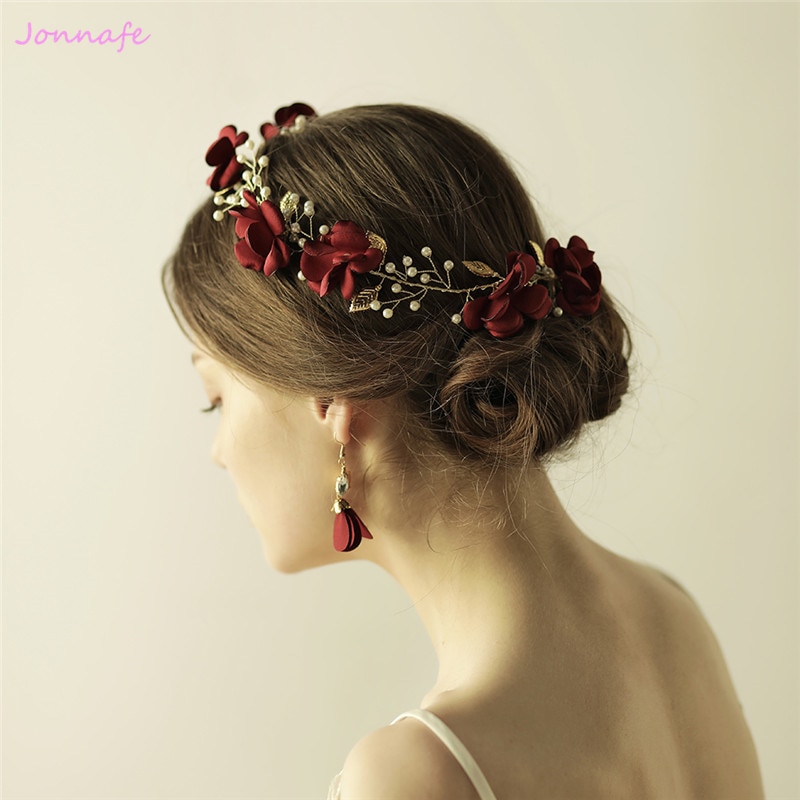 Jonnafe Handmade Red Flower Women Headband Tiara Gold Wedding Hair ...