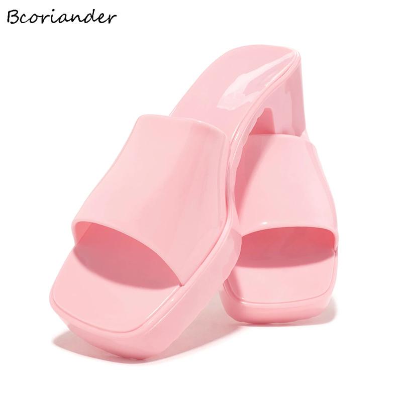 Summer Women Slippers Mid Heel Candy Color Ladies Casual Slippers PVC ...