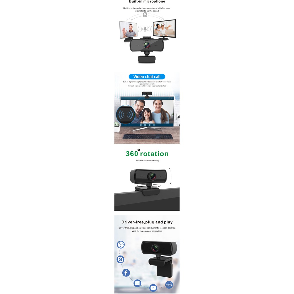 เว็บแคม：HD 2K Webcam Builtin Microhone USB Auto Focus Rotatable Web ...