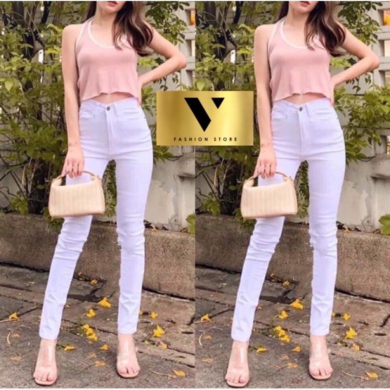 V-JEANSยีนส์ กางเกงยีนส์สีขาว กางเกงขายาว กางเกงยีนส์เอวสูง กางเกงยีนส์สกินนี่ ใส่ไม่ได้เปลี่ยน ...