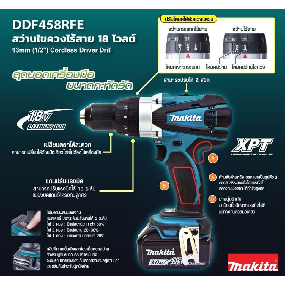Makita Cordless Driver Drill (hard ) 18V. รุ่น DDF458RFE (สีเขียว ...