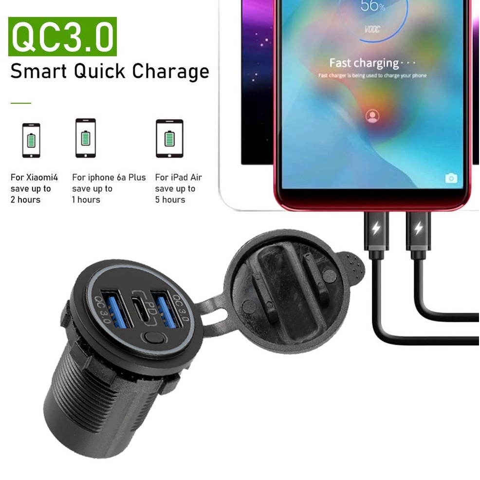 Socket USB PD QC3.0 2 ช่องType C 1 ช่อง สวิตช์เปิด-ปิด ติดรถยนต์ ชาร์จ ...