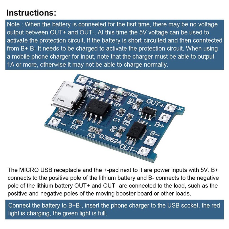 บอร์ดชาร์จแบตเตอรี่ TP4056 18650 BMS 5V Micro-USB 1A สําหรับ 18650 6 ...