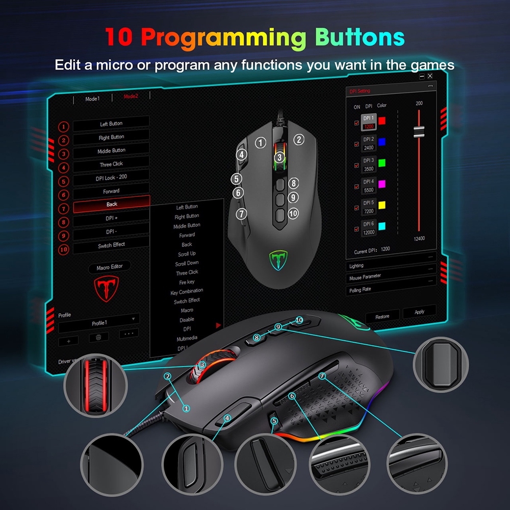 Delux M631 Wired MMO Gaming Mouse RGB Backlit 9 Side Buttons High ...
