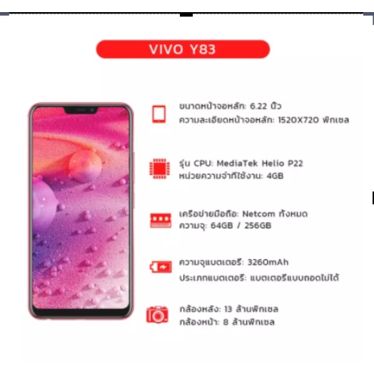 โทรศัพท์มือถือ Vivo Y83 Ram 4GB Rom 64GB Android 8.1 6.22 นิ้ว HD - 999morning - ThaiPick