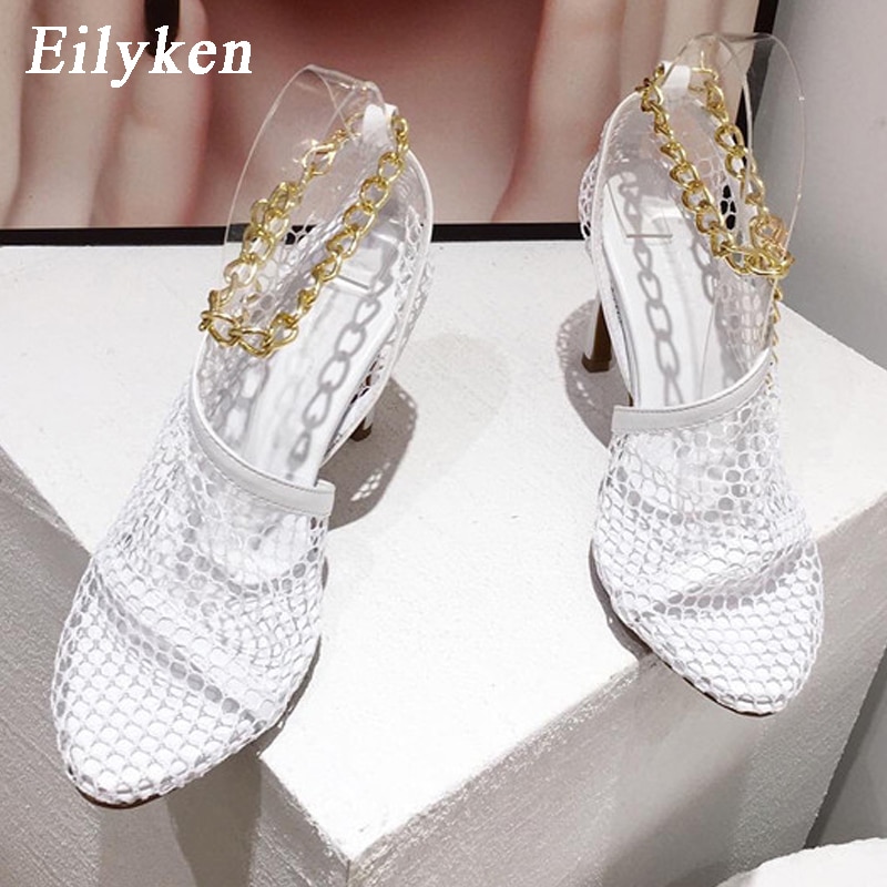 Eilyken Summer Autumn Sexy Mesh chain Pumps sandals Female Round head high heel Chain Stiletto ...