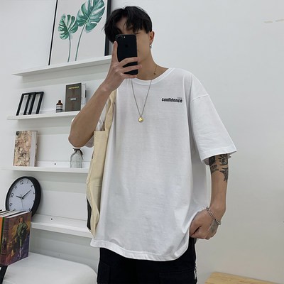 @ Fang Shao ผู้ชายฤดูร้อนสไตล์ฮ่องกงพิมพ์ตัวอักษรครึ่งแขนเสื้อยืดชาย ...