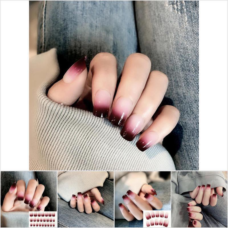 【purpleredto】24pcs Artificial Gradient Color Sharp Nail Art Full Cover
