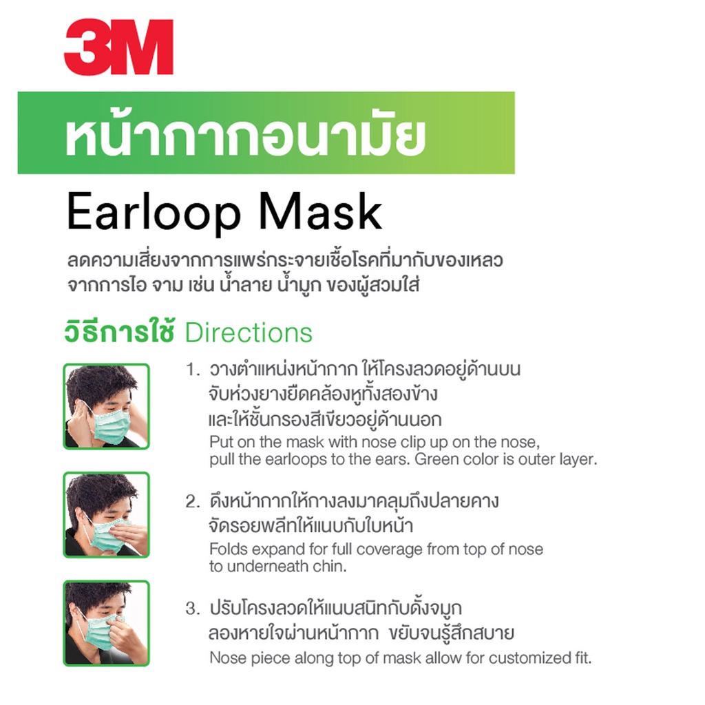 50 ชิ้นกล่อง 3M หน้ากากอนามัยทางการแพทย์ Medical Earloop Mask ความหนา 3 ...