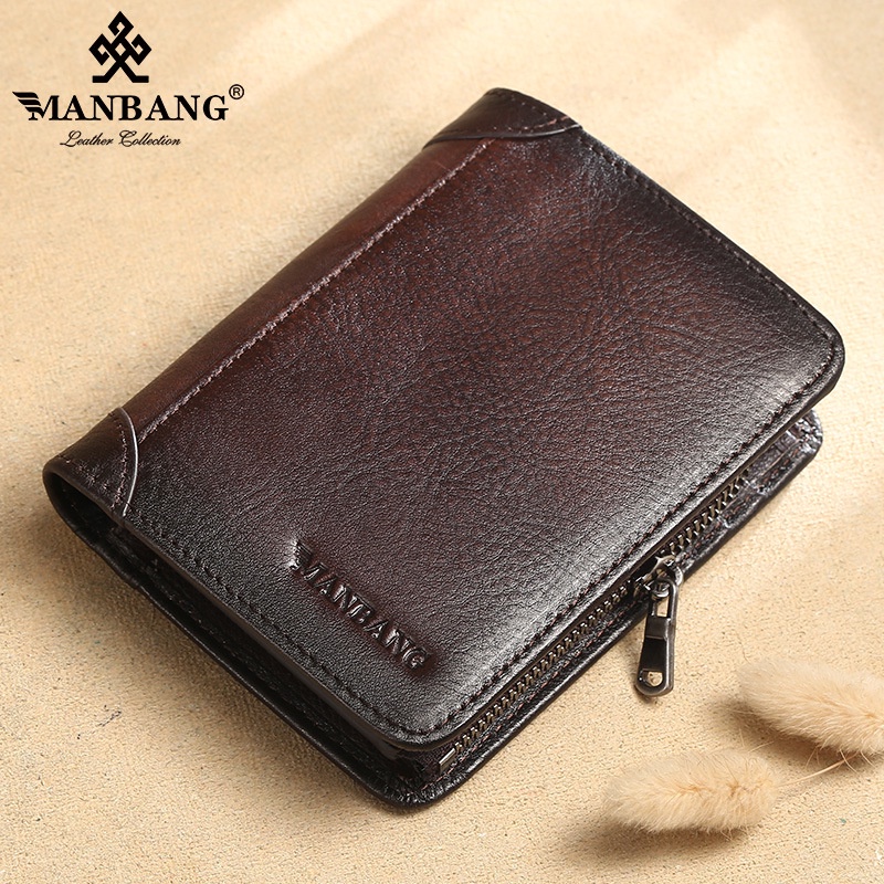 MANBANGManbang Men's Wallet Short Vegetable Tanned Full-Grain Leather ...