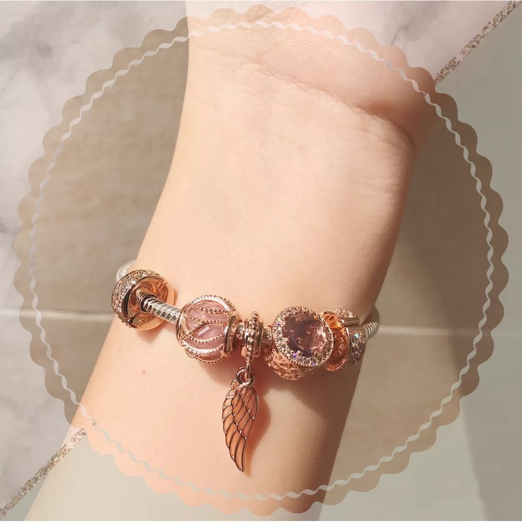 Pandora charms bracelet 925S Rose gold Moments Glazed Opal Angel Wing ...