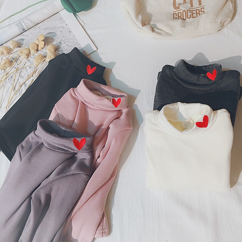 Double layer plus velvet padded girls baby high neck love T-shirt ...