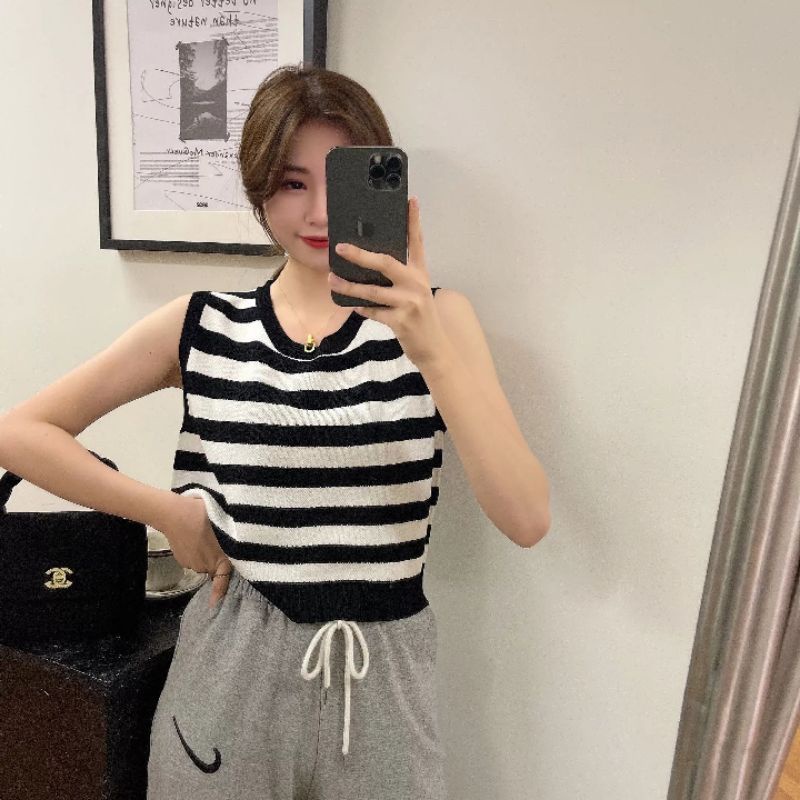 Eyofficial13029 JNBBเสื้อครอปแขนกุดคอกลมลายทางสามารถใส่เป็นเสื้อกั้กได้ ...