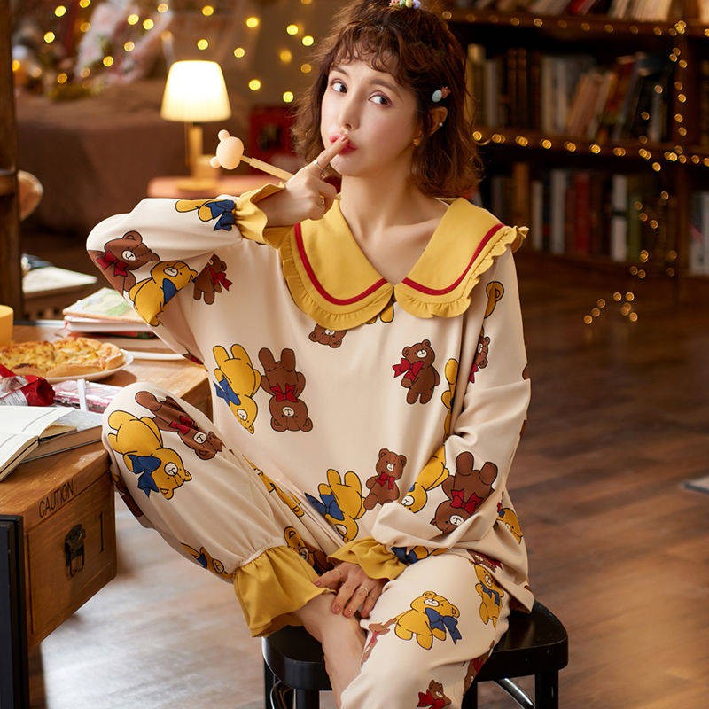 ชุดนอน ชุดนอนด้าย Pajamas New Female Spring And Autumn Long Sleeved