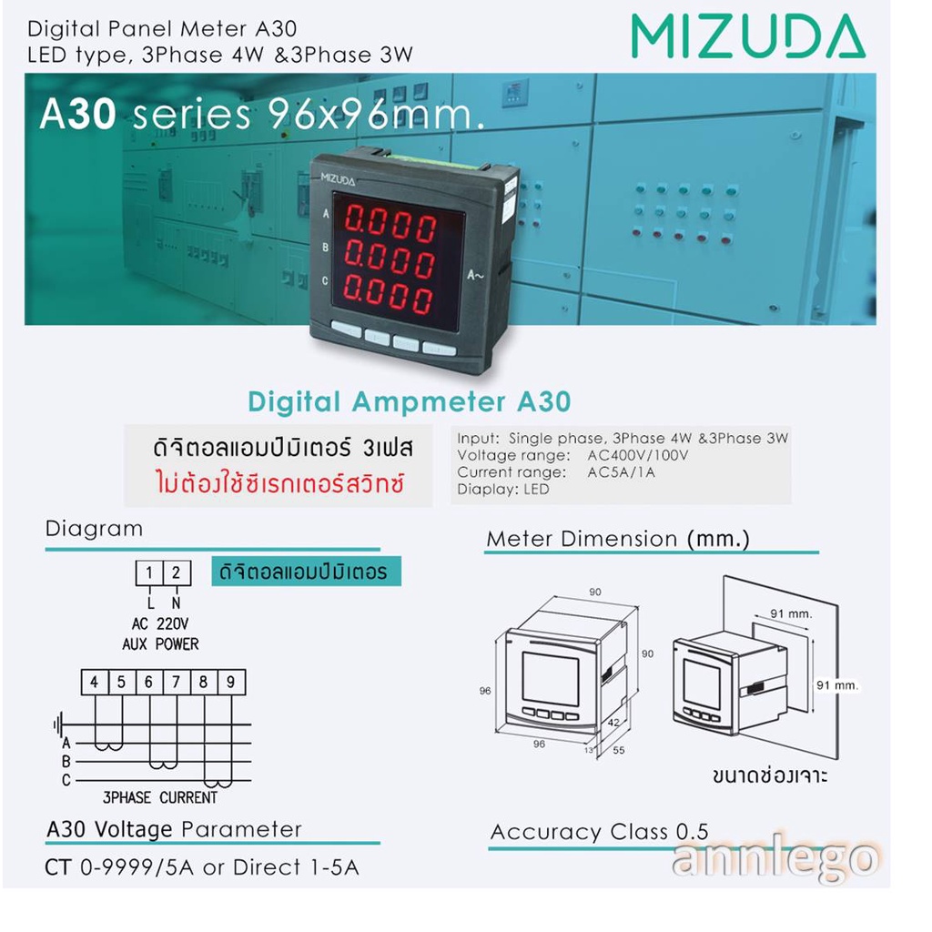 ดิจิตอลแอมป์มิเตอร์ 96x96 มม. (Digital Amp meter) รุ่น A30 ต่อผ่านCT ...