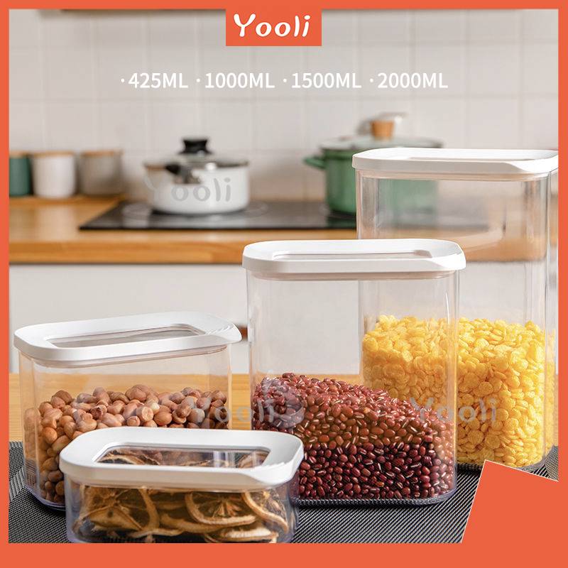 YOOLI ความจุแตกต่างกัน 4 กระป๋องพลาสติกปิดผนึกกล่องเก็บของในครัวฝาสีขาว ...