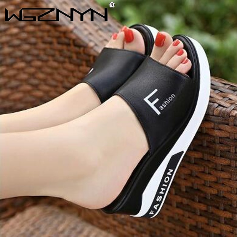 NEW Summer Women Slippers High Quality Leather Thick Sole Slippers ...