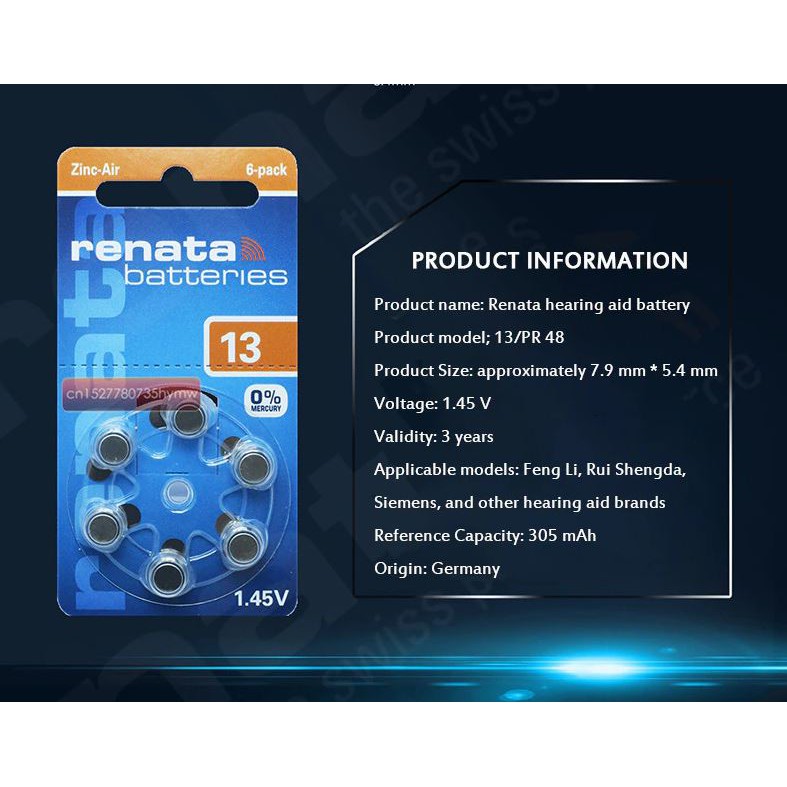 แท้100 รุ่นใหม่ ถ่านเครื่องช่วยฟัง Renata A13 (PR48) แพ็ค 6 ก้อน ถ่านหูฟัง 13 ถ่านเบอร์ 13 ถ่าน ...