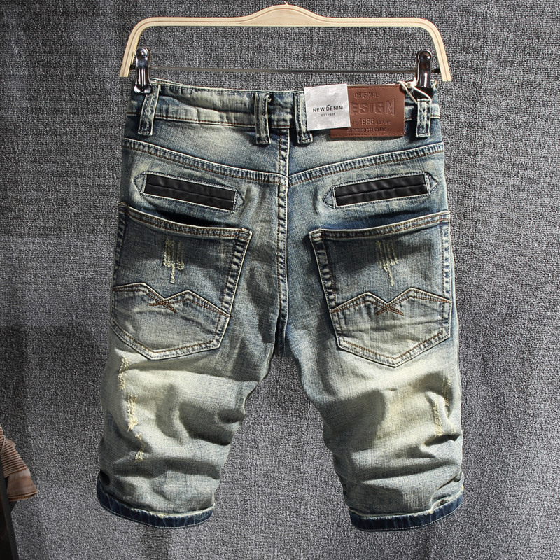 2020 new style retro perforated denim shorts mens fashion Capris slim ...