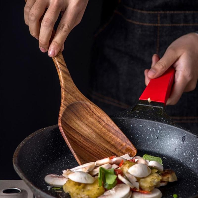 ⊕Natural Wood Tableware Spoon Ladle Turner Long Rice Colander Soup ...