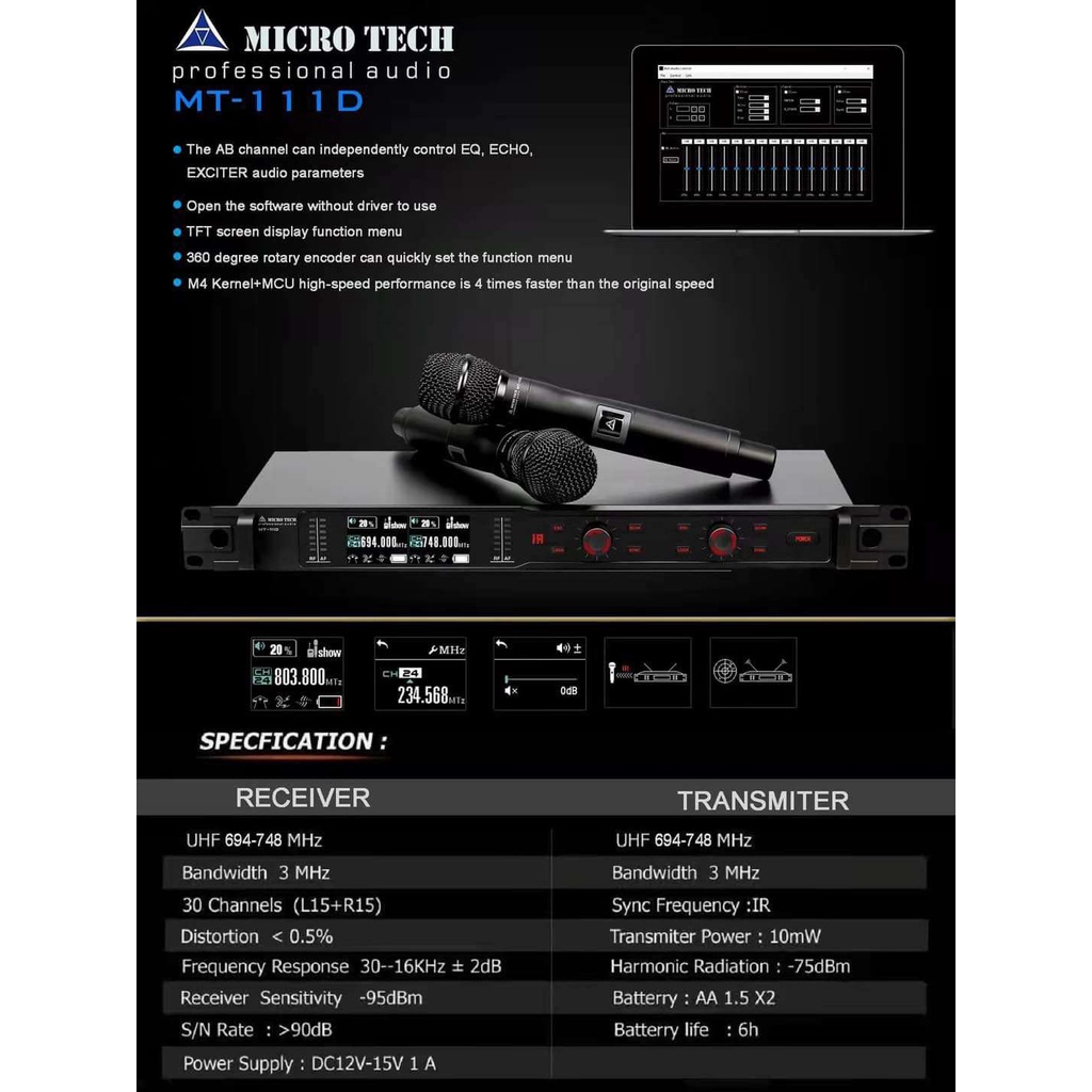 Microtech MT-111D ไมค์ UHF ไมค์ลอย ไมค์ร้องเพลง ไมโครโฟน ไร้สาย จูนคลื่น EQ ได้ ชุดไมค์ พร้อม ...