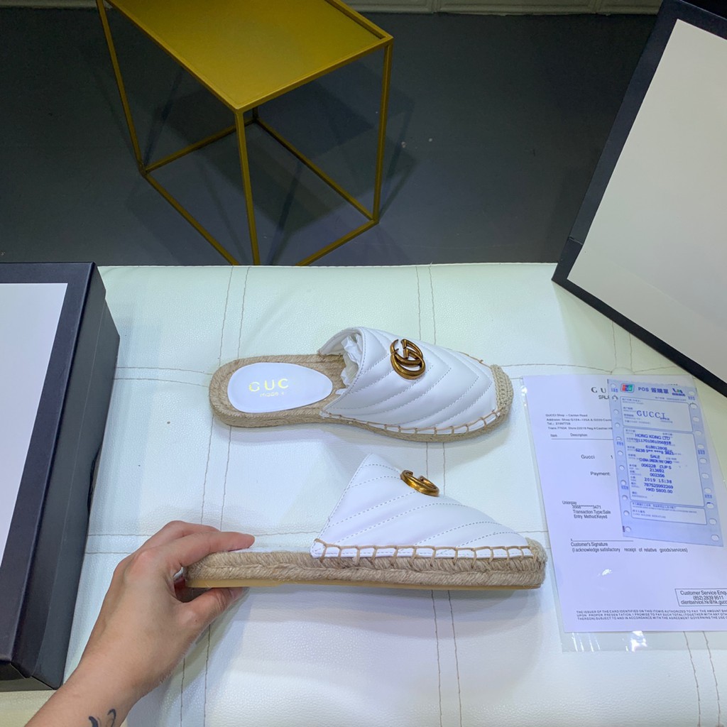 GUCCI classic logo quilted leather double GG straw thick - soled ...