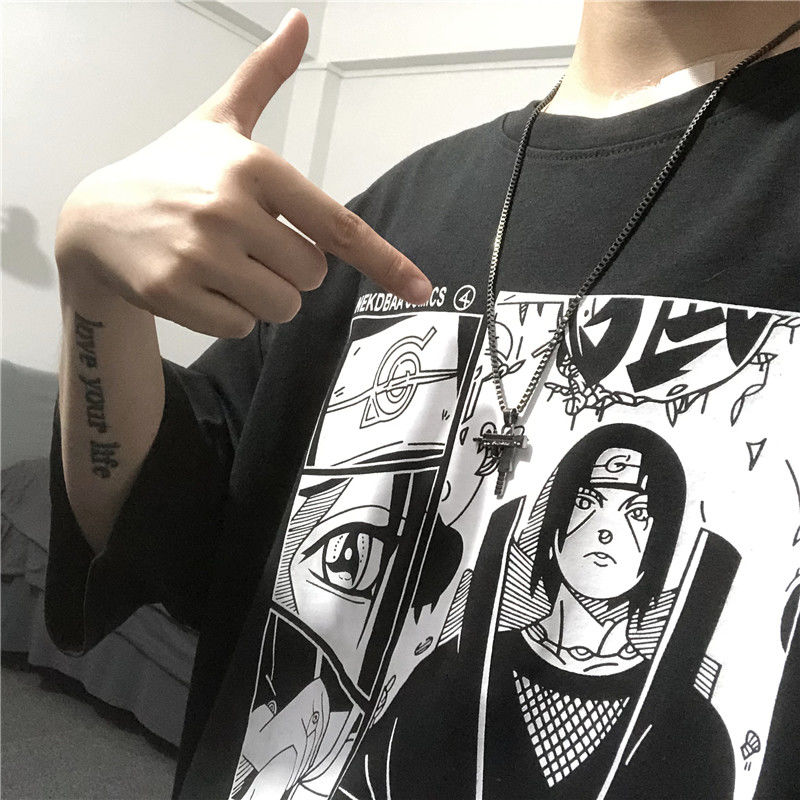 S-8XLเกาหลีใต้ ins ฮาราจูกุ bf ย้อนยุคสตรีทคู่มืดนารูโตะอะนิเมะพิมพ์หลวมแขนสั้นเสื้อยืดสำหรับ ...