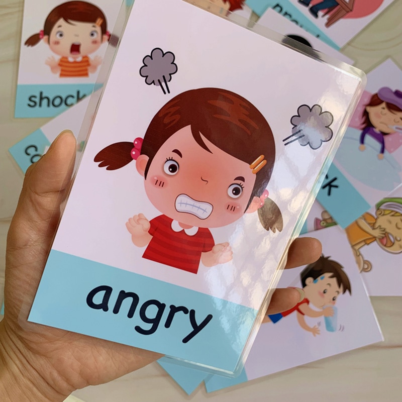 14pcs Children Montessori Baby English Learning Cards Cartoon Emotion ...