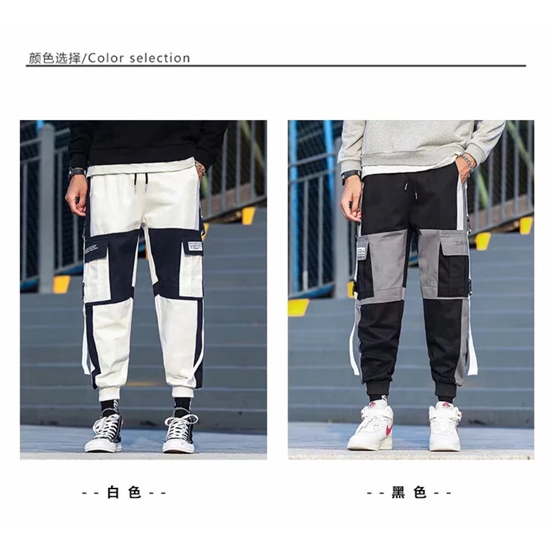 Men Ribbons Color Block Black Pocket Cargo Pants Harem Joggers Harajuku