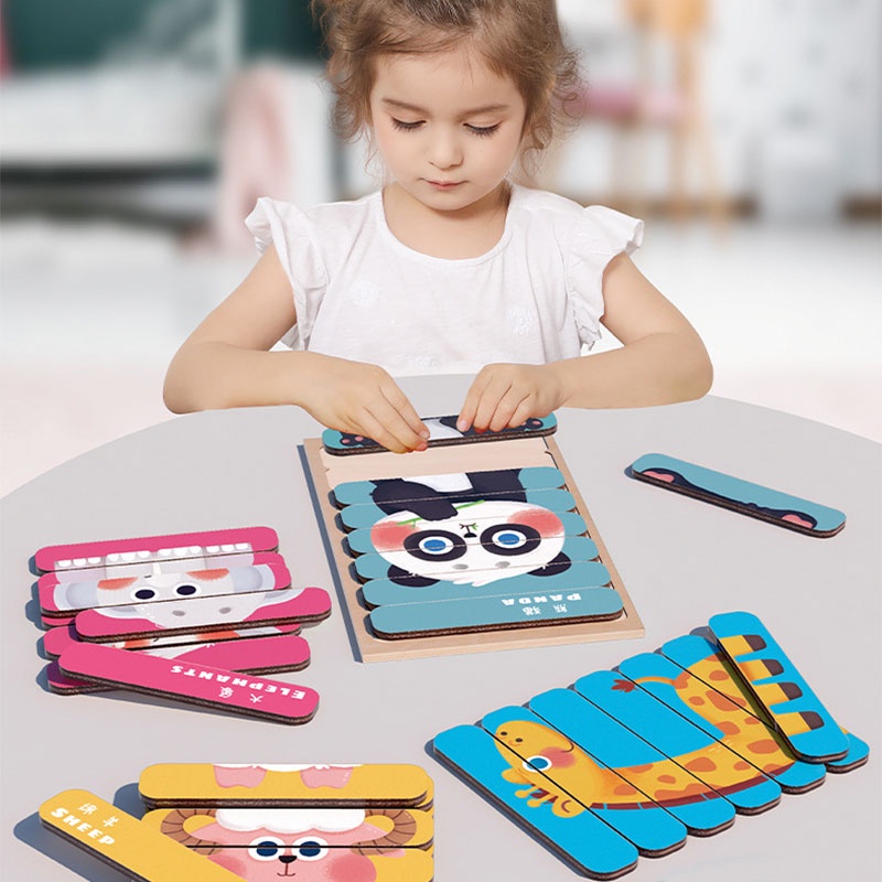Kids Animal 3D Wooden Puzzle Montessori Toy Double sided Strip Puzzle ...