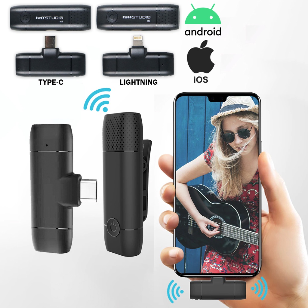 M9 ไมโครโฟนบันทึกเสียง Type C Lightning Lavalier Lapel แบบไร้สาย USB Type C สําหรับโทรศัพท์ ...