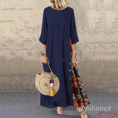 DEM☞Women´s Boho Floral Long Sleeve Retro Baggy Casual Cotton Linen ...
