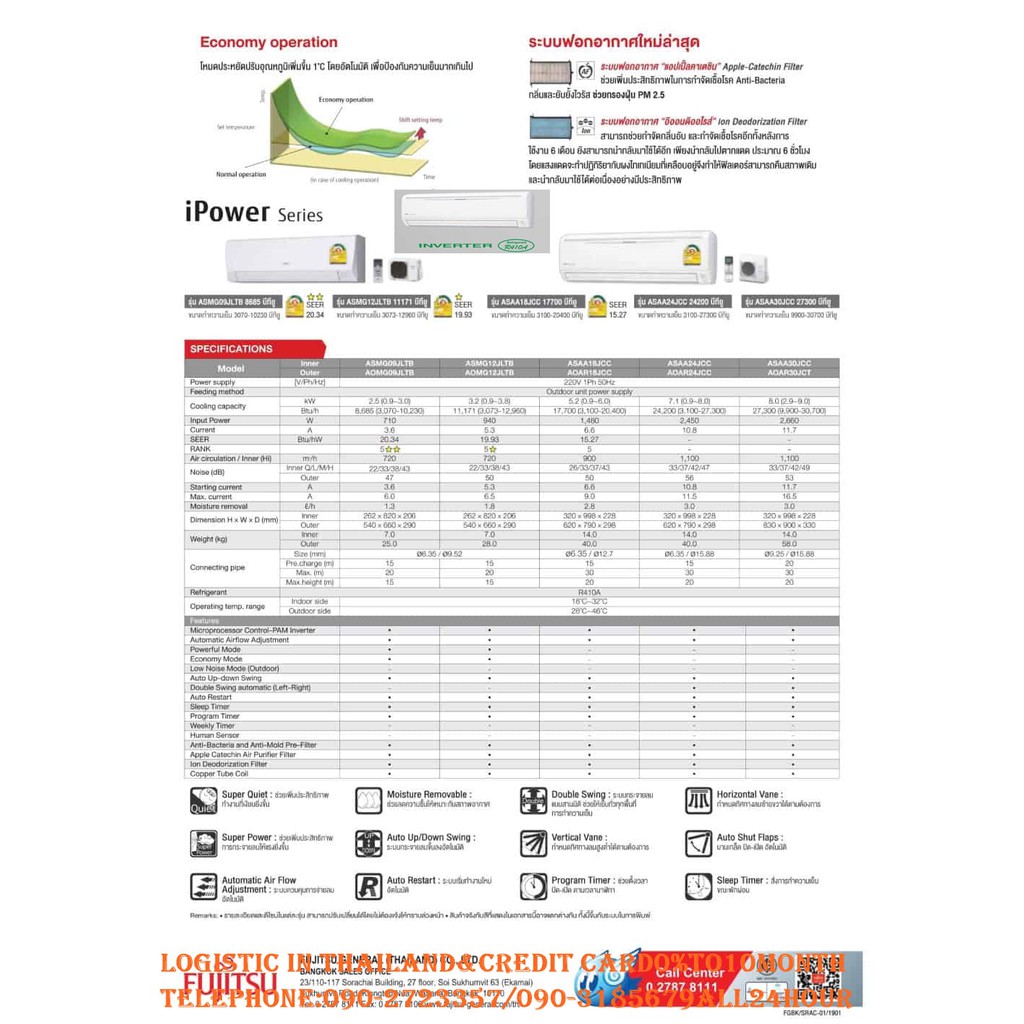 FUJITSUฟูจิตสึ13000BTUแอร์R410AแบบแขวนผนังPM2.5รุ่นIPOWERอินเวอร์เตอร์ ...