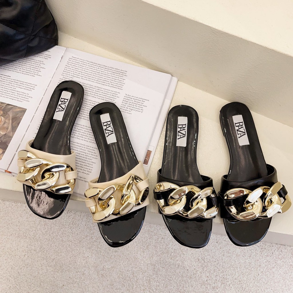 Women Fashionable Gold Chain Big Size Flat Slippers Size 35-42 ...