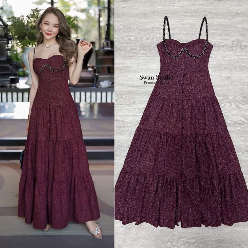 เดรสยาวสีแดงป้าย(Swan Studio) | Shopee Thailand