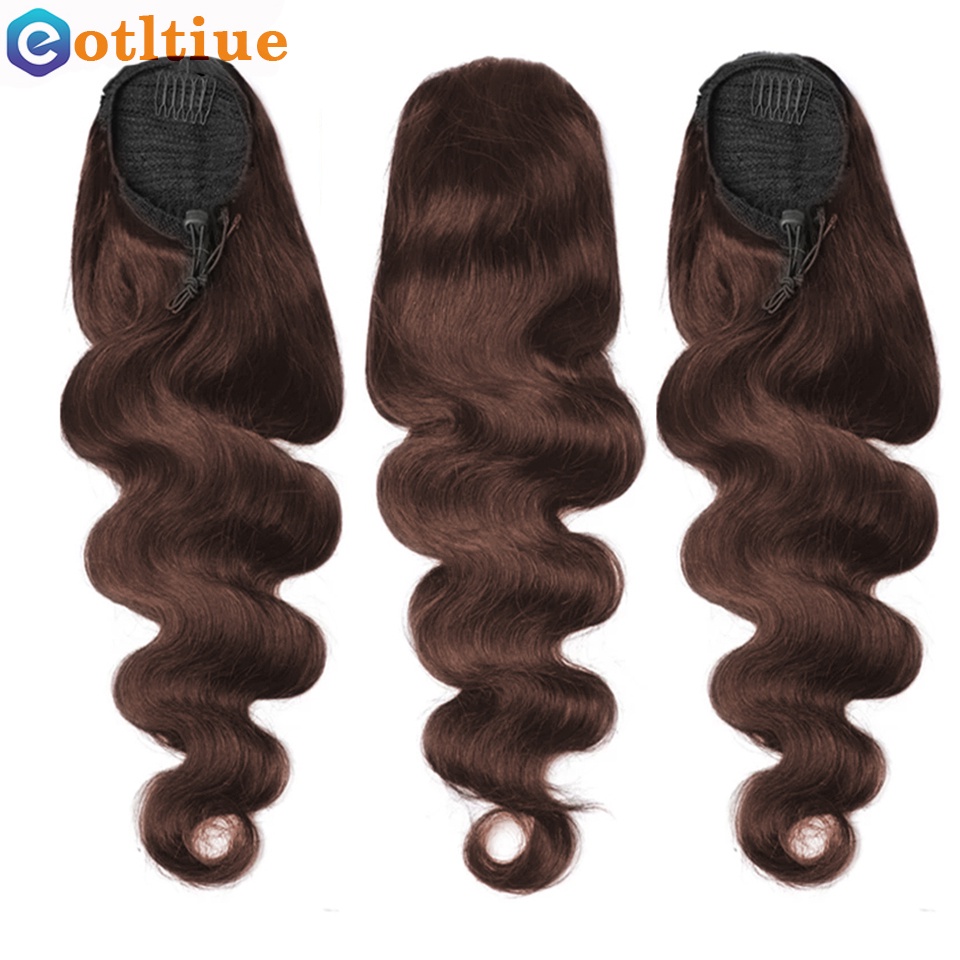 B4 Chocolate Dark Brown Colored Brazilian Remy Hair Body Wave Ponytail ...