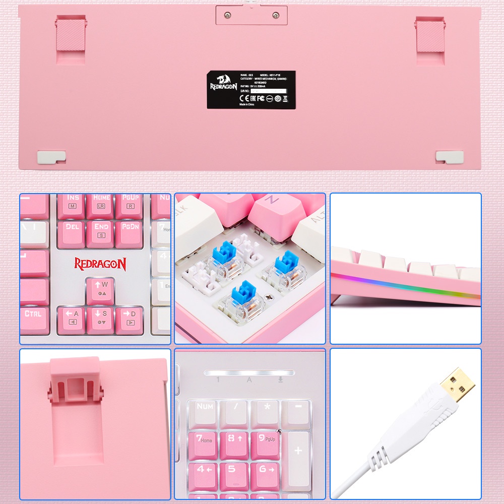 Redragon HADES K623 USB คีย์บอร์ดเล่นเกมสีชมพูสีขาวมีไฟ Led Backlit 104 คีย์สําหรับคอมพิวเตอร์ ...