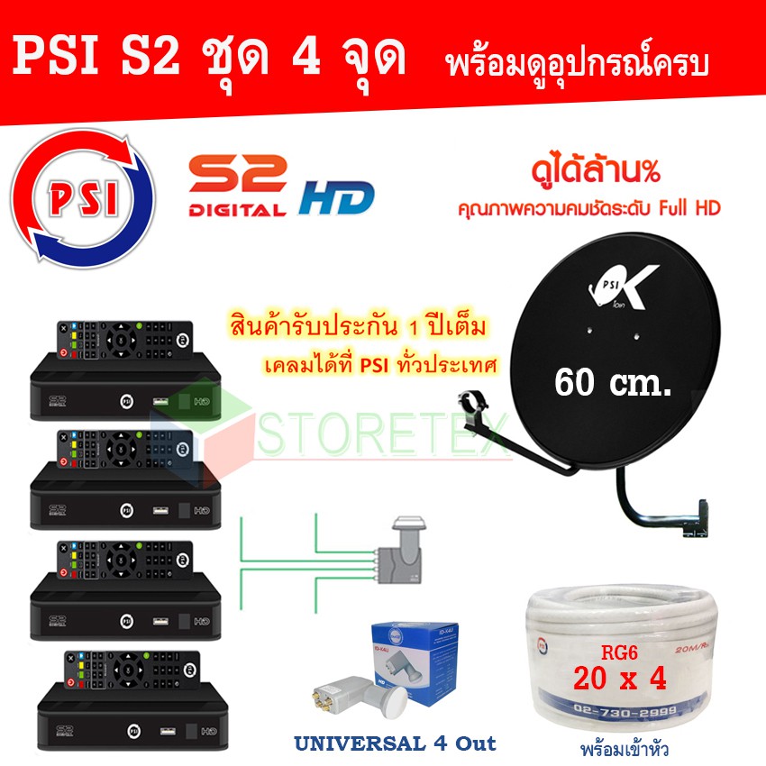 ชุดจานดาวเทียม KU-BAND PSI (60 cm.) อุปกรณ์ครบ LNB 4 จุด PSI S2 HD x 4 - storetexshop - ThaiPick