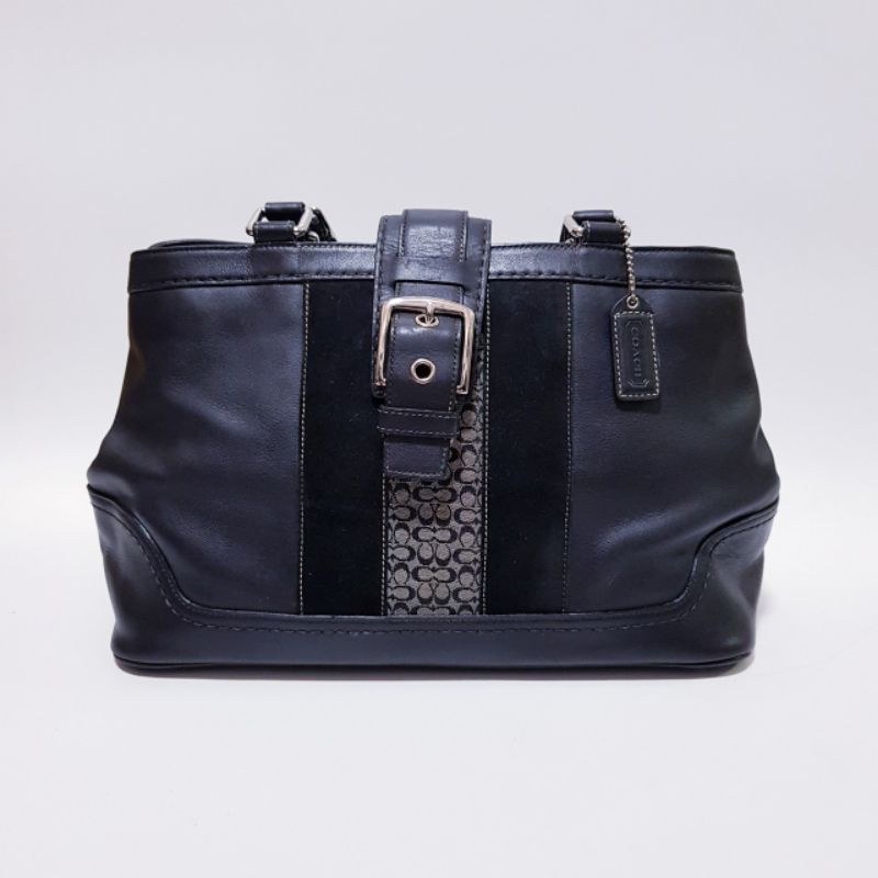 กระเป๋า COACH Hampton Striped Black Leather F11345 Handbag purse ...