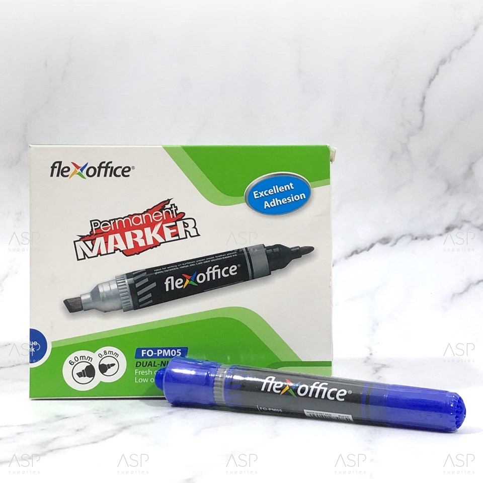 ปากกาเคมี 2 หัว Permanent Marker Flex Office FO-PM05 สีน้ำเงิน ปากกามาร์คเกอร์ (กล่อง 12 ด้าม ...