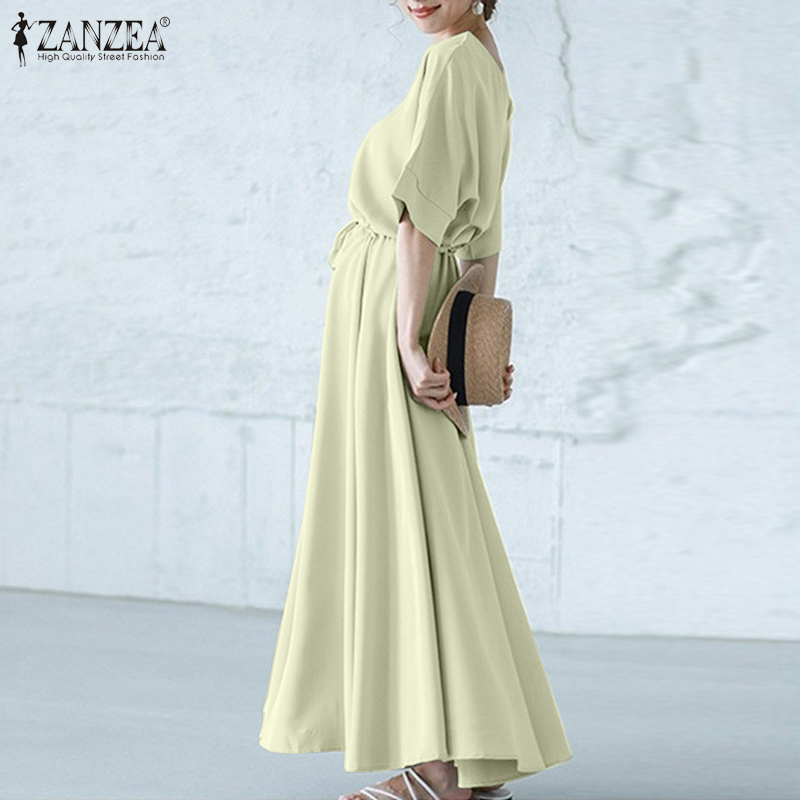 ZANZEA Women Casual V Necl Short Sleeve Drawstring Waist Swing Maxi ...