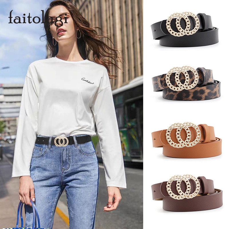 Double Ring Circle Buckle Women Waist Belt Black Brown Ladies Belt For ...
