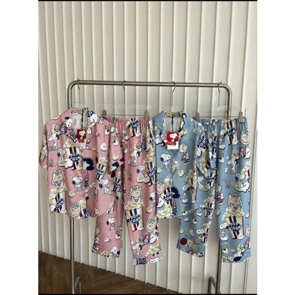 ชุดนอน เซ็ทแขนสั้น ขายาว ป้าย Valen Basic Store ลายสนูปปี้ Popcorn สีฟ้า | Shopee Thailand