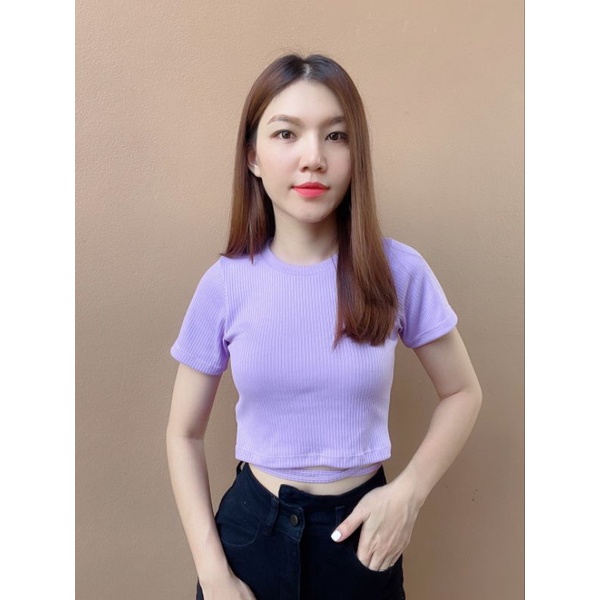 ส่งฟรีทั้งร้านเก็บโค้ดหน้าร้าน เสื้อครอปแขนสั้นผูกเอว ผ้าร่องเกรดดี ...