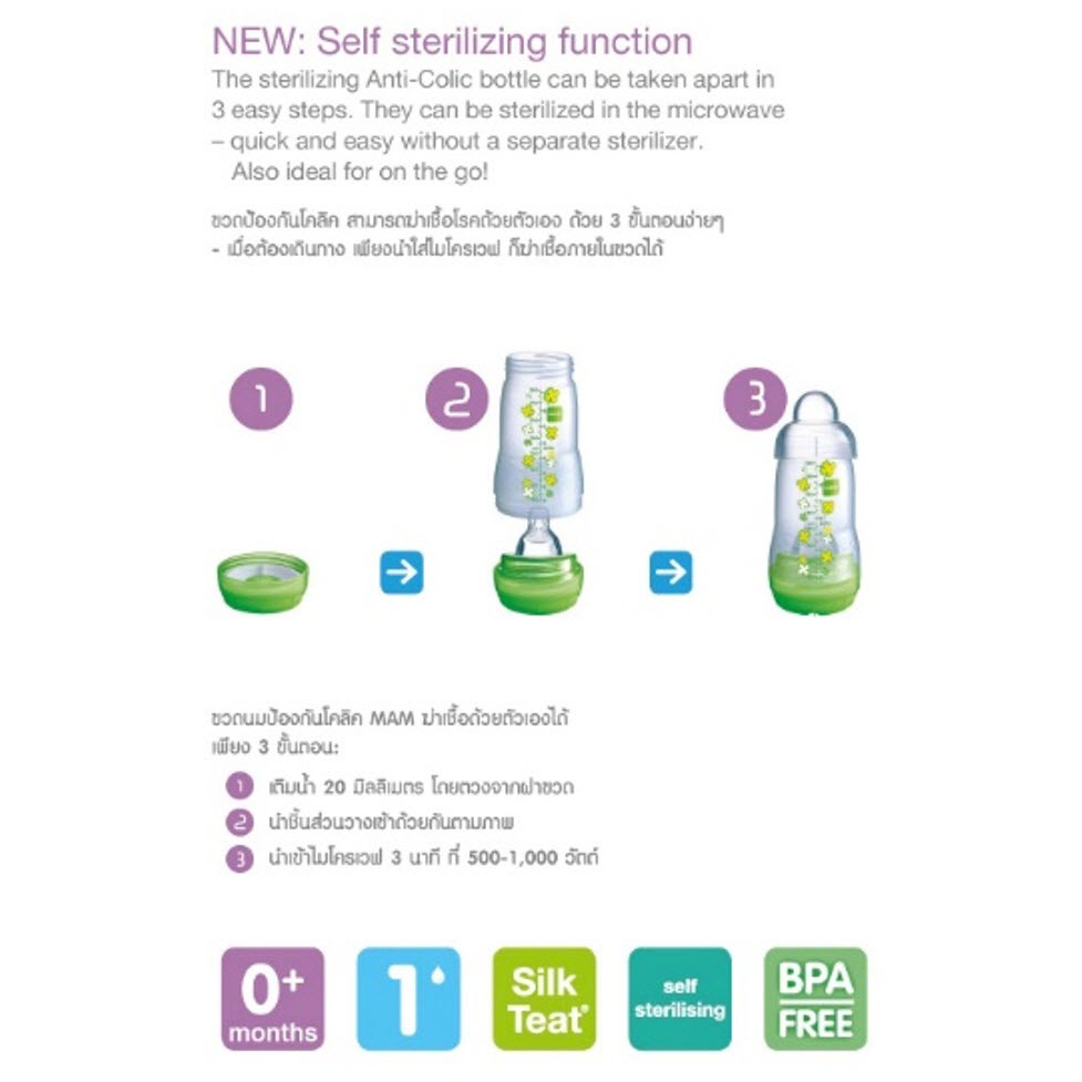 MAM ขวดนม ป้องกันโคลิค 5.5 ออนซ์160ml. เซท 3 ขวด (มี 3 สี) MM-B216MM-B716 - babyfirst.th - ThaiPick