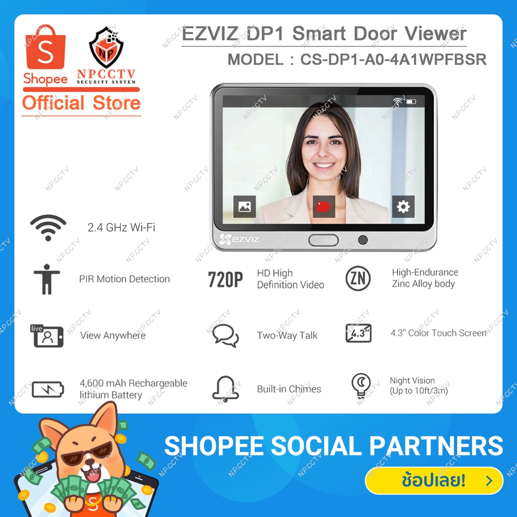 EZVIZ Wire-Free Smart Door Viewer and Video Doorbell รุ่น DP1 (CS-DP1-A0-4A1WPFBSR) แถมฟรีหน้าจอ ...